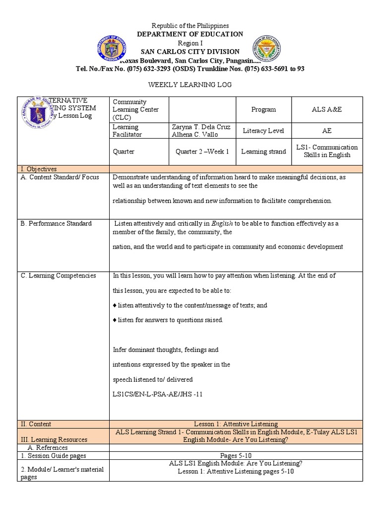 ALS Weekly Log: Communication Skills | PDF | Learning | Communication