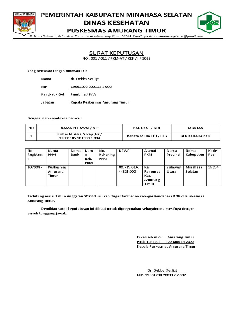 Surat Keputusan Puskesmas Amurang Timur | PDF