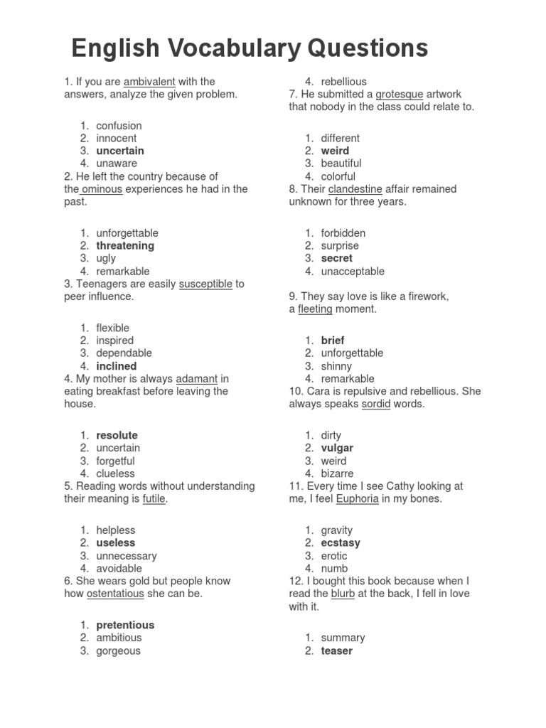 English Vocabulary Questions | PDF