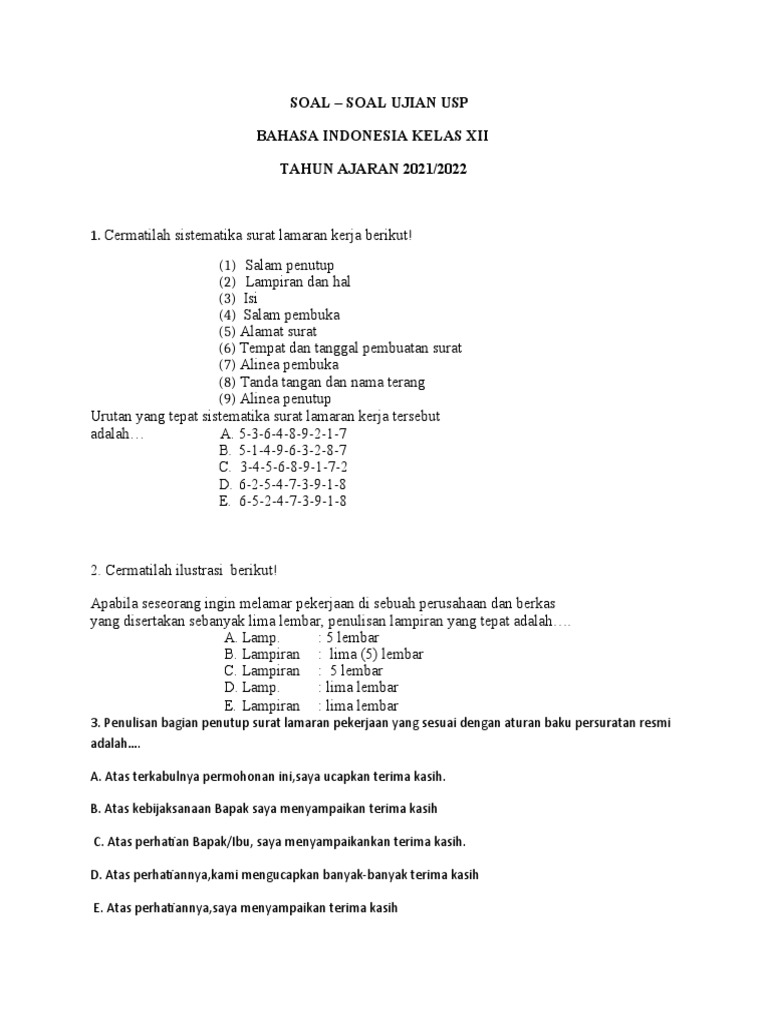 Soal - Soal Usp B. Indonesia Kelas Xii 2022 | PDF