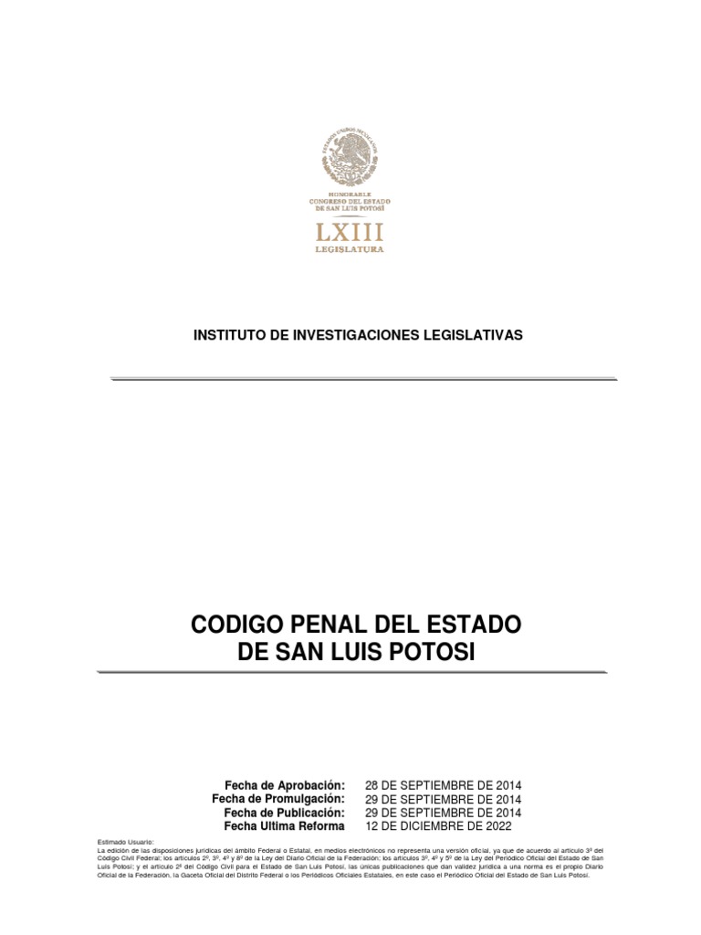 Cod. Penal SLP. Actualizado 2022 | PDF | Derecho penal | Castigos