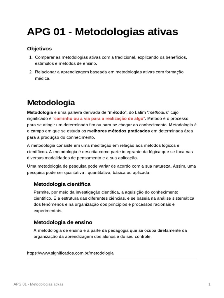 APG 01 - Metodologias Ativas | PDF | Aprendizado | Método científico