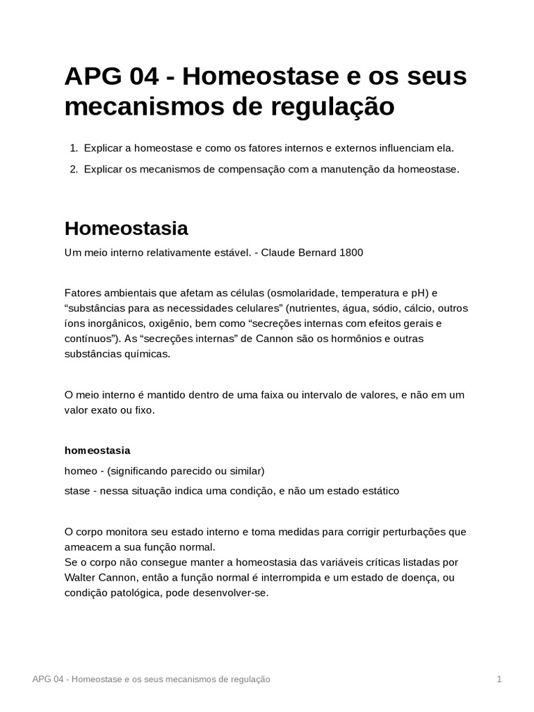APG 04 - Homeostase e Os Seus Mecanismos de Regulao | PDF | Homeostase ...