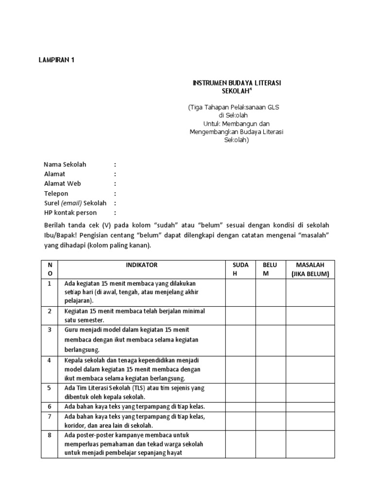 Instrumen Budaya Literasi Sekolah-Template | PDF