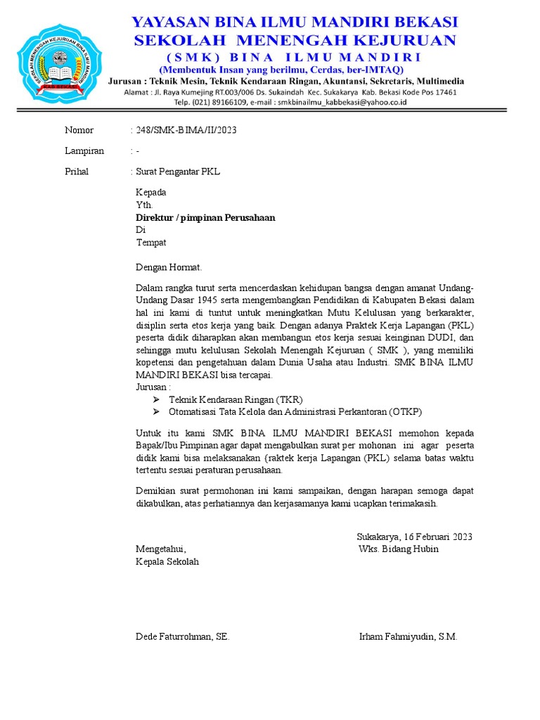 Surat Pengantar PKL | PDF