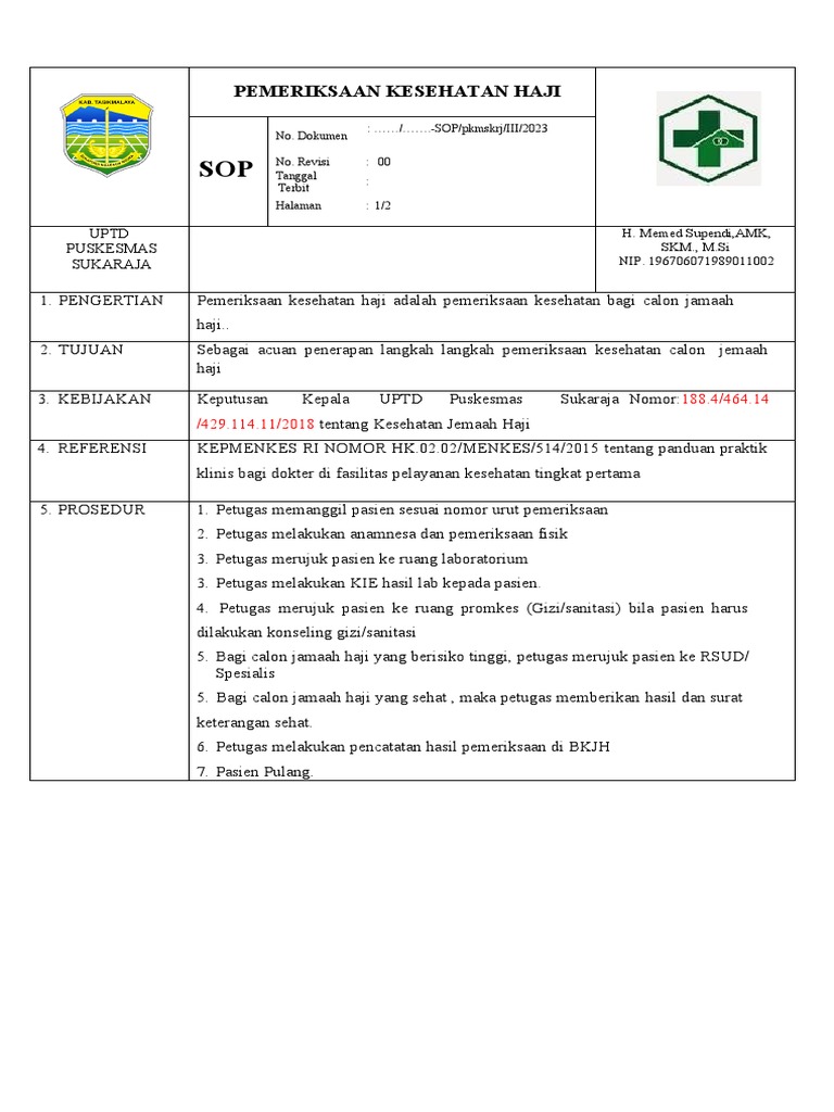 Sop Pemeriksaan Kesehatan Haji | PDF