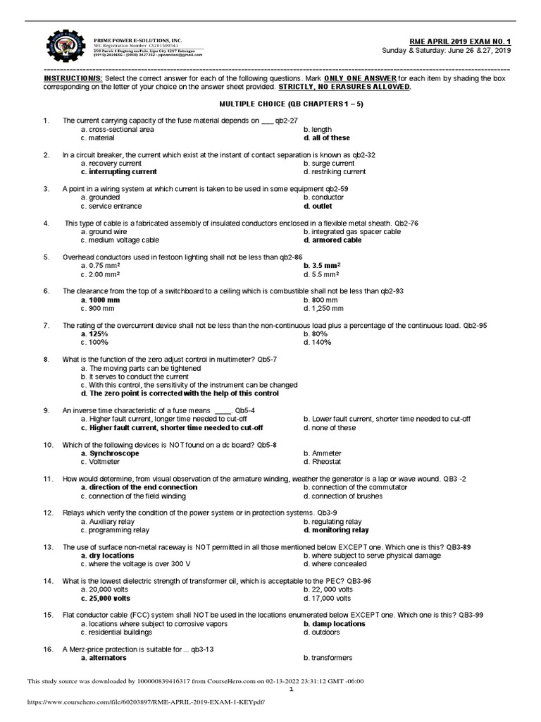Rme April 2019 Exam 1 Key PDF | PDF | Electrical Resistance And ...