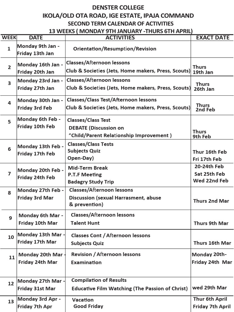 Denster College Term Activities Calendar | PDF