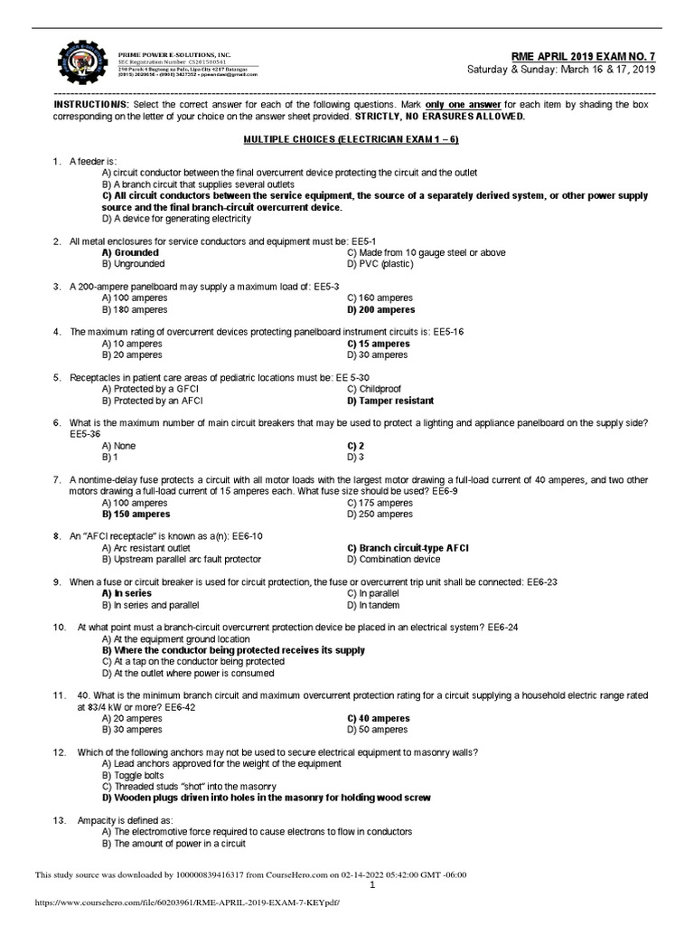 Rme April 2019 Exam 7 Key PDF | PDF | Electrical Wiring | Electrical ...