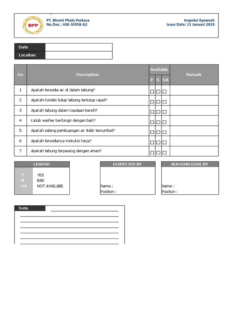 Inspeksi Checklist Eyewash 2019 | PDF