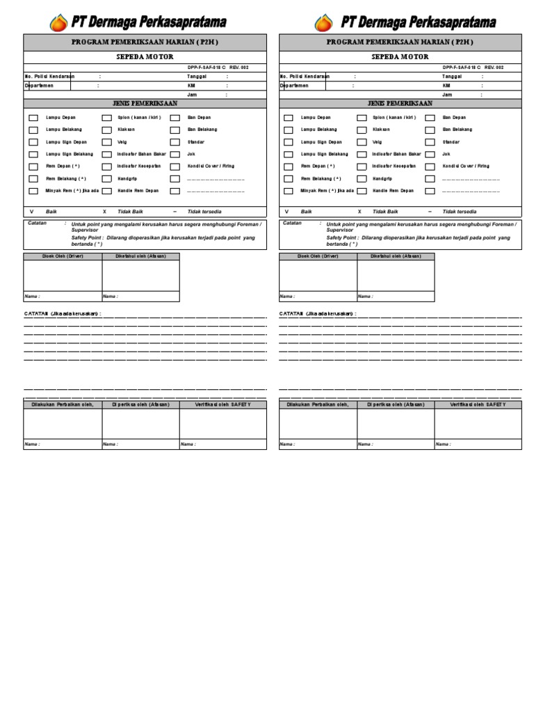 Form P2H Kendaraan Harian | PDF