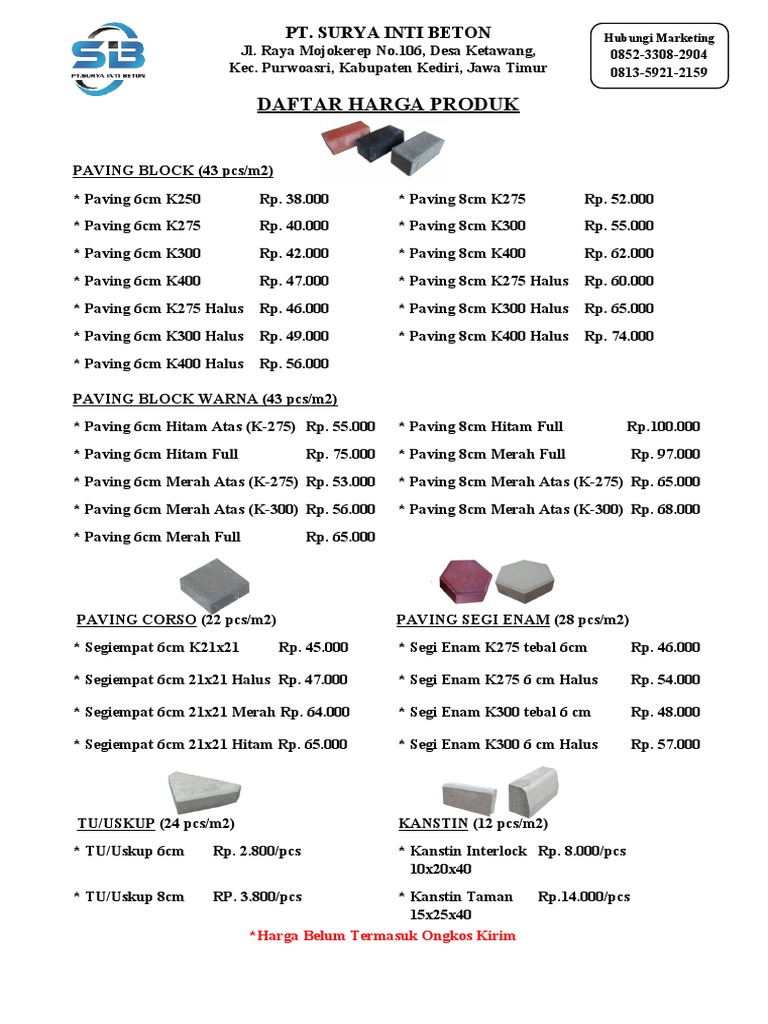 Brosur Harga Paving Surya Inti Beton New | PDF