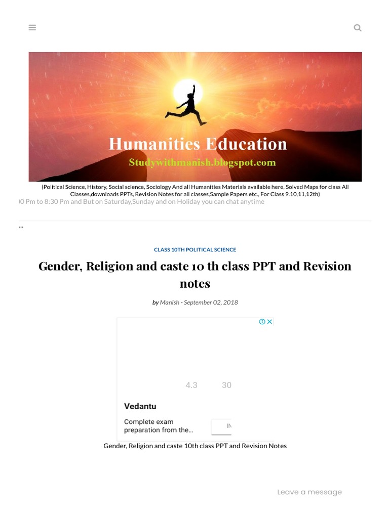 Gender, Religion and Caste 10 TH Class PPT and Revision Notes | PDF ...