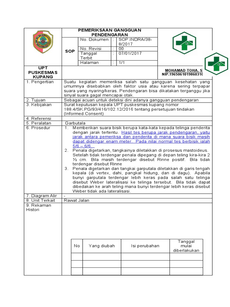 Sop Pemeriksaan Gangguan Pendengaran | PDF Sop Pemeriksaan Gangguan Pendengaran | PDF