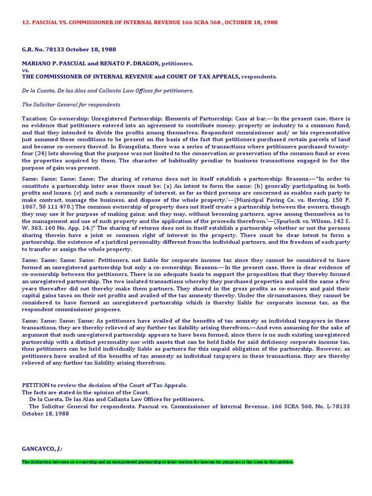 Pascual vs. Cir 166 Scra 560 | PDF | Taxes | Partnership