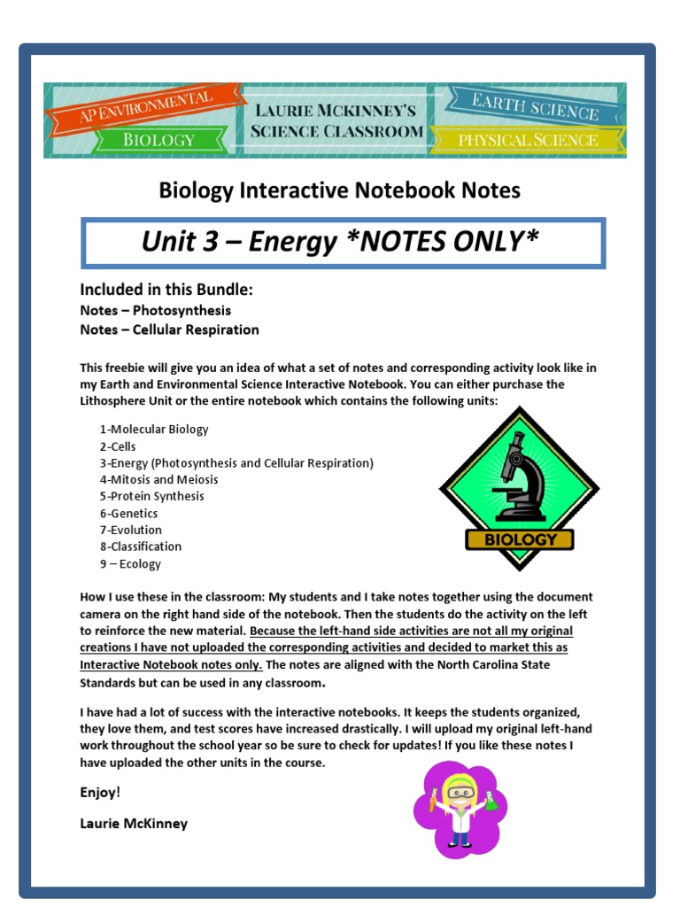 Biology Interactive Notebook Energy Photosynthesis Cellular Respiration ...