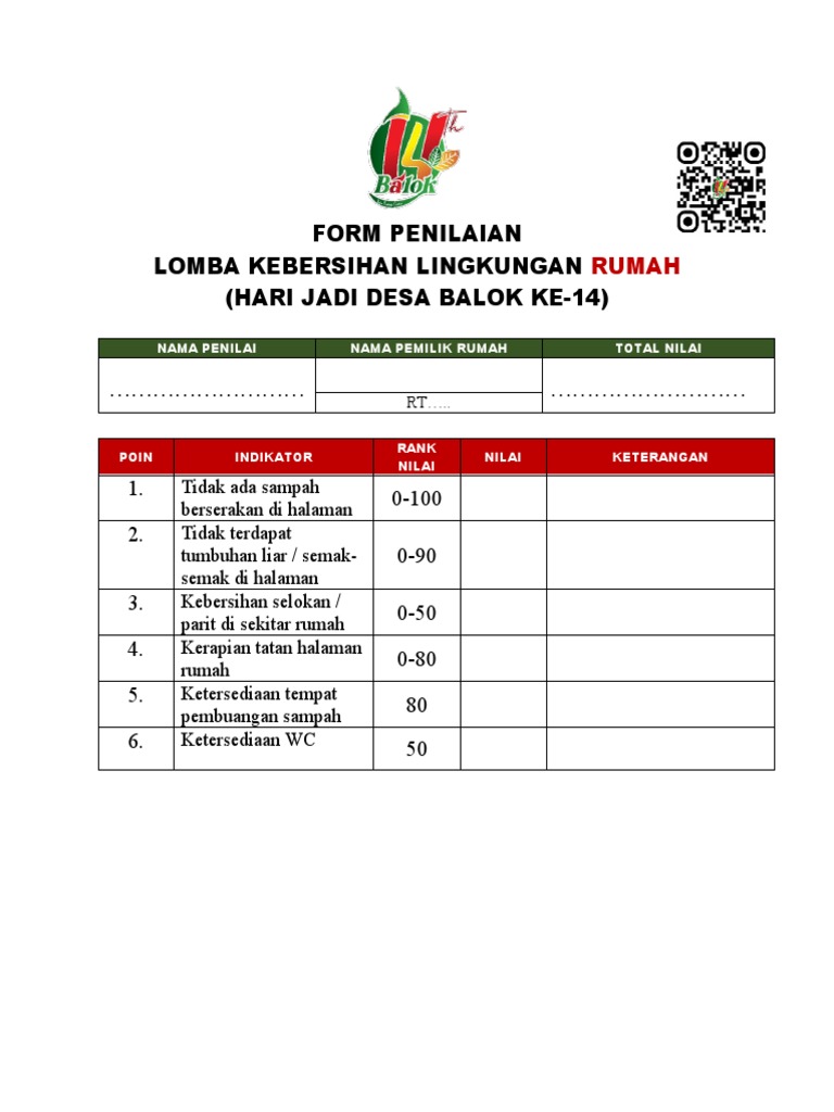 Form Penilaian Lomba Kebersihan Lingkungan | PDF | Griya & Taman