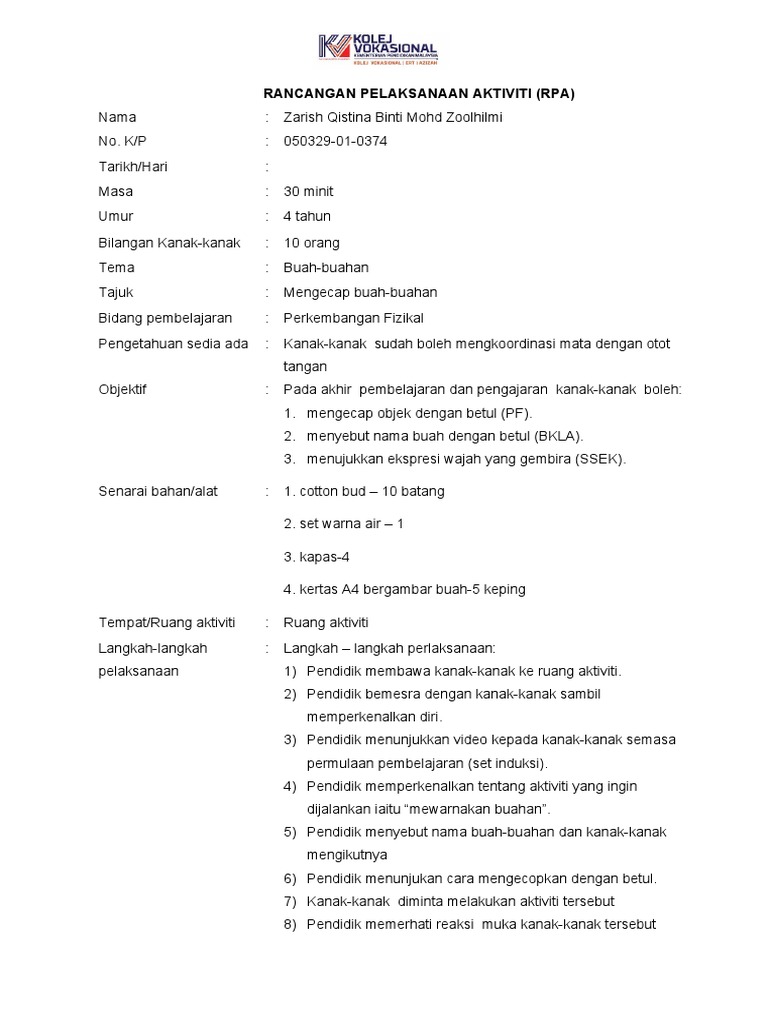 Rpa Perkembangan Fizikal Kanak Kanak Zarish | PDF