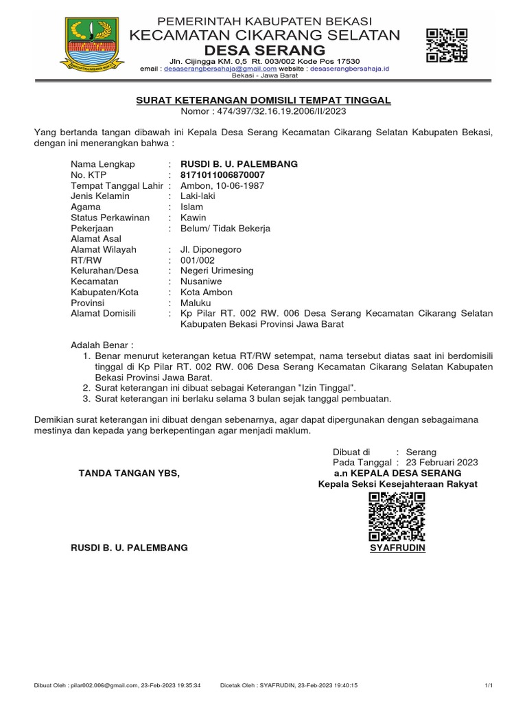 Surat Keterangan Domisili Cikarang Selatan | PDF