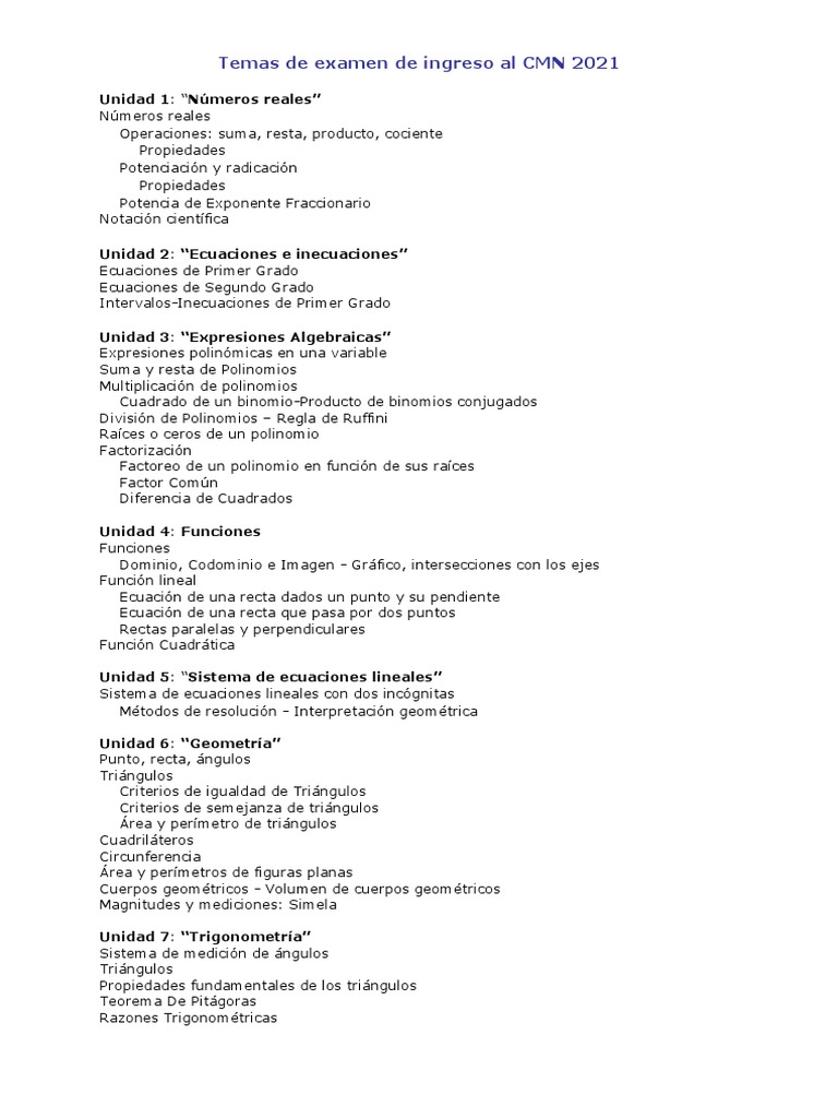 Temas Examen Ingreso CMN 2021 | PDF