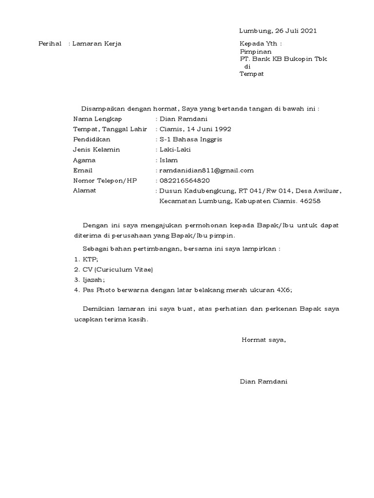 Surat Lamaran Din Ramdani | PDF