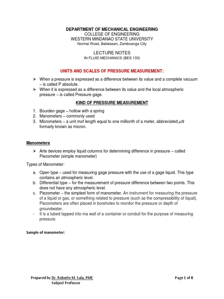 Pressure Measurement in Fluid Mechanics | PDF | Pressure Measurement ...