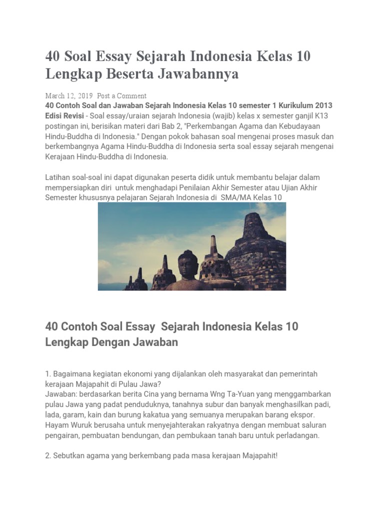 40 Soal Essay Sejarah Indonesia X | PDF