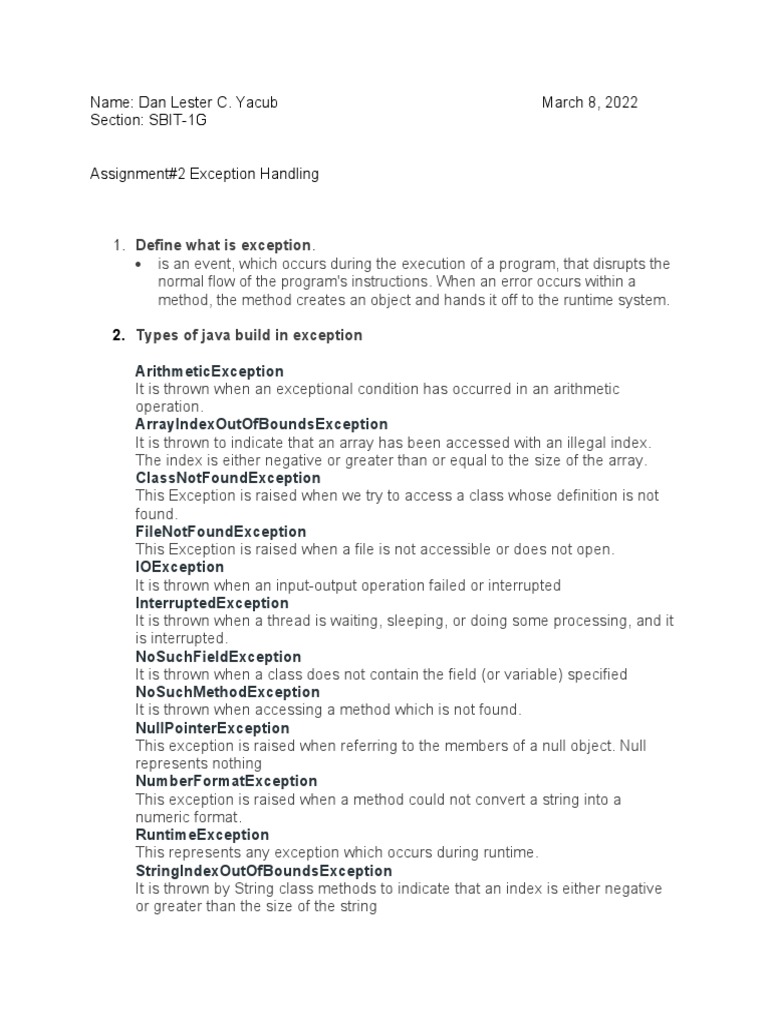 Assignment2 Exceptionhandling Pdf Computer Program Programming
