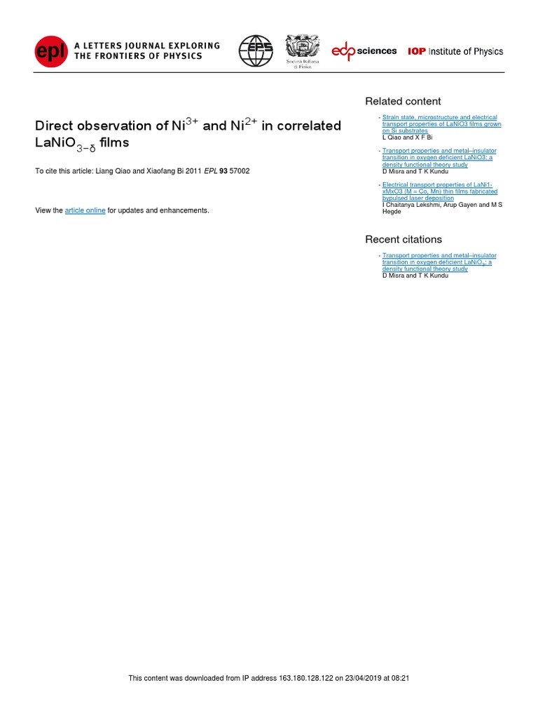 Direct observation of Ni3+ and Ni2+ in correlated LaNiO3−δ films | PDF ...