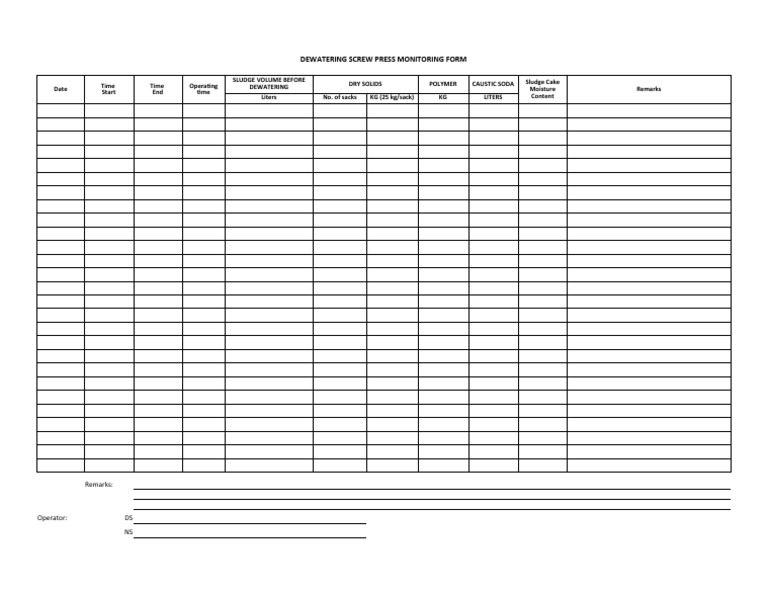 SAMPLE DEWATERING SCREW PRESS Monitoring Form | PDF