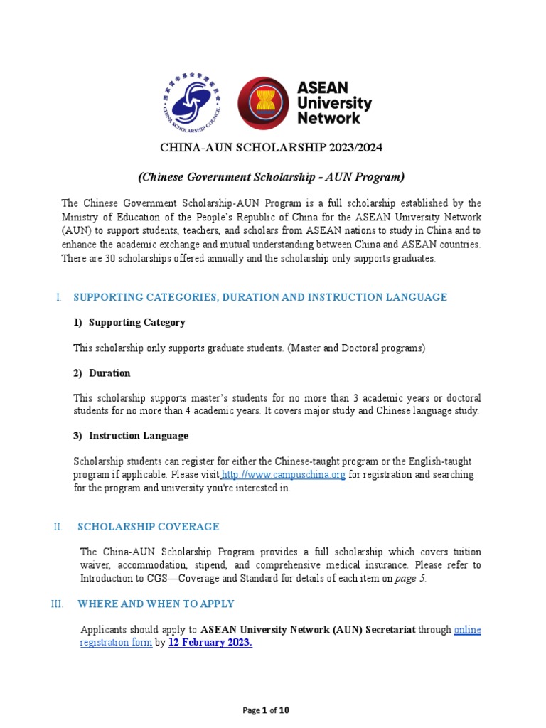 China AUN Scholarship 2023 - 2024 Application Guidelines - Docx 3 1 | PDF | University And ...