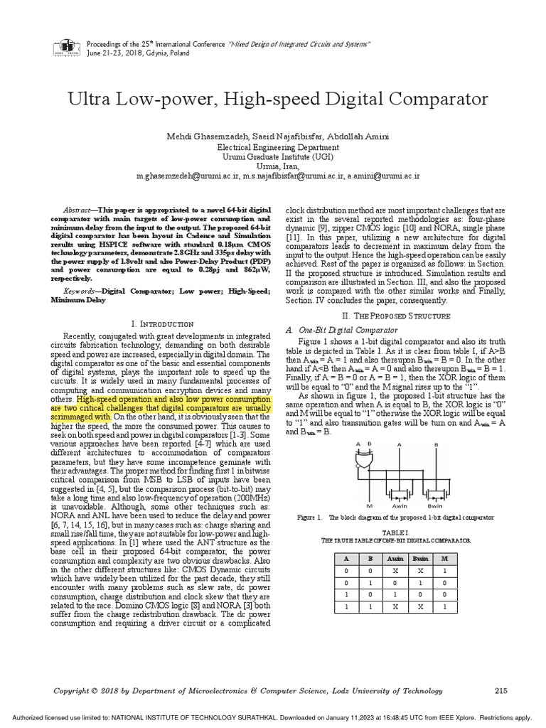 Ultra Low-Power High-Speed Digital Comparator 1 | PDF | Electrical Engineering