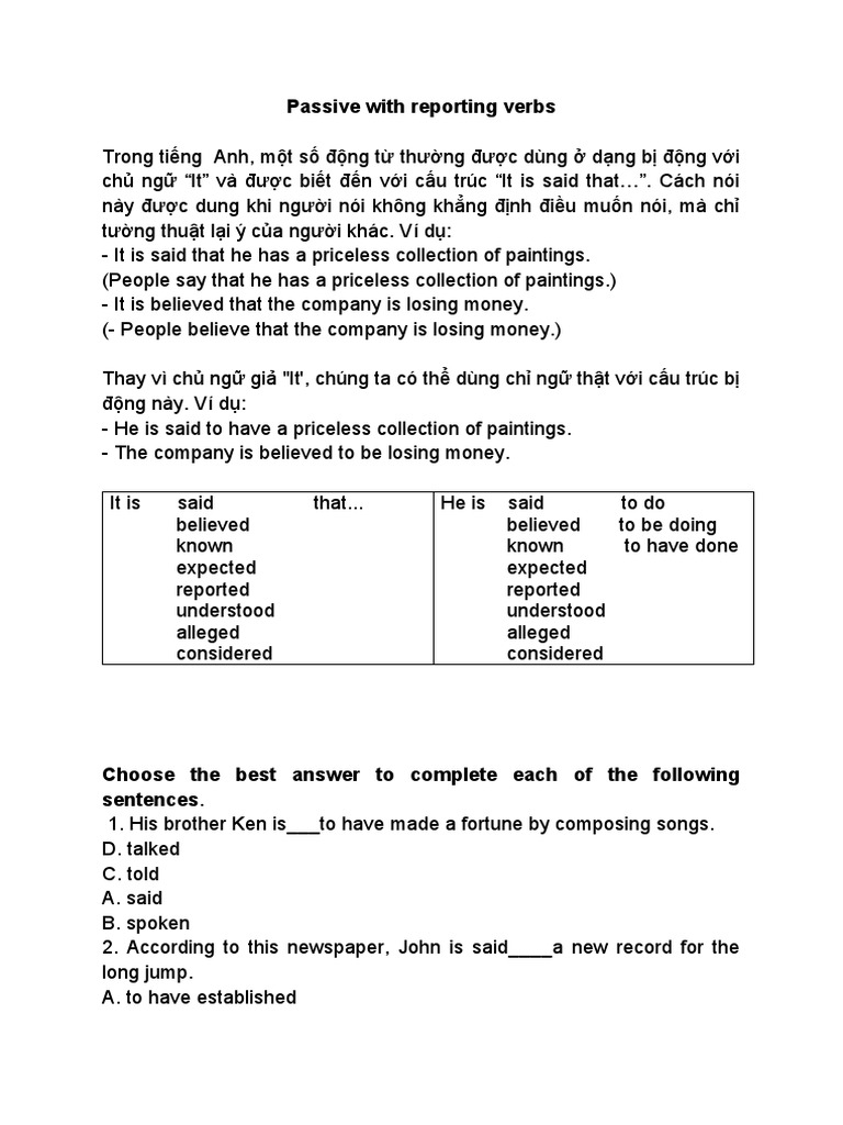 Passive Voice With Reporting Verbs | PDF