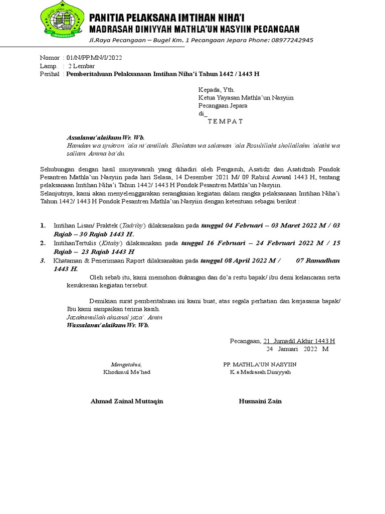 Surat Pemberitahuan Imt. Niha'i 1443 | PDF