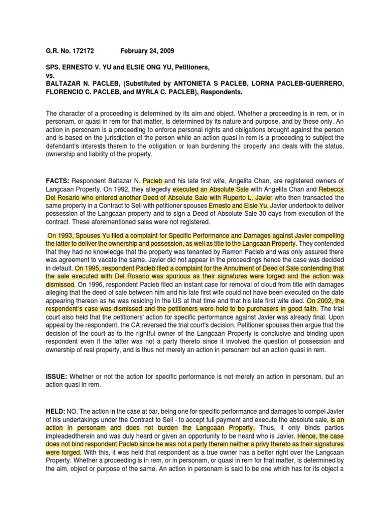 Yu v. Pacleb | PDF | In Rem Jurisdiction | Public Law