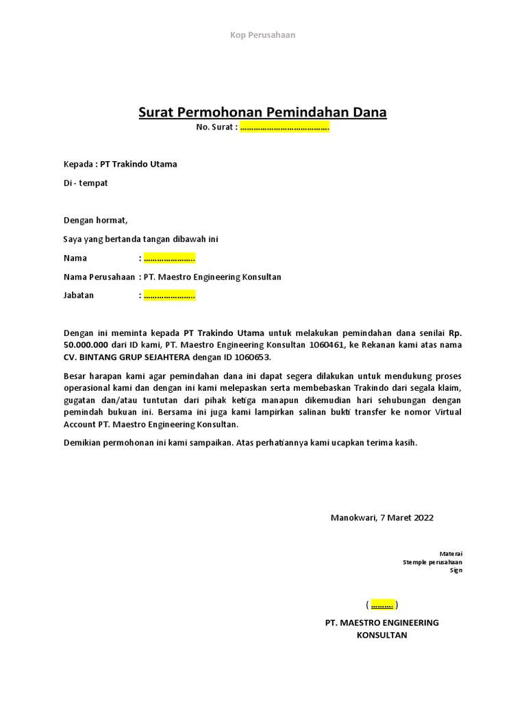 Draft Surat Permintaan Perpindahan Dana - PT. Maestro Engineering ...