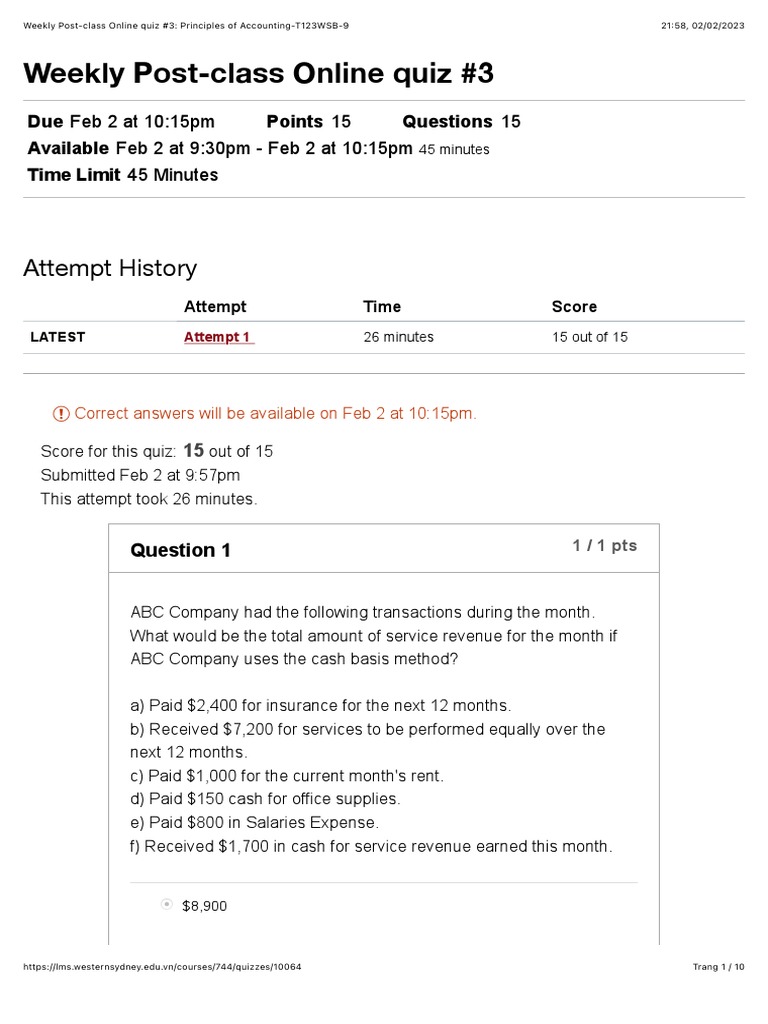 Weekly Post-Class Online Quiz #3 | PDF | Depreciation | Expense