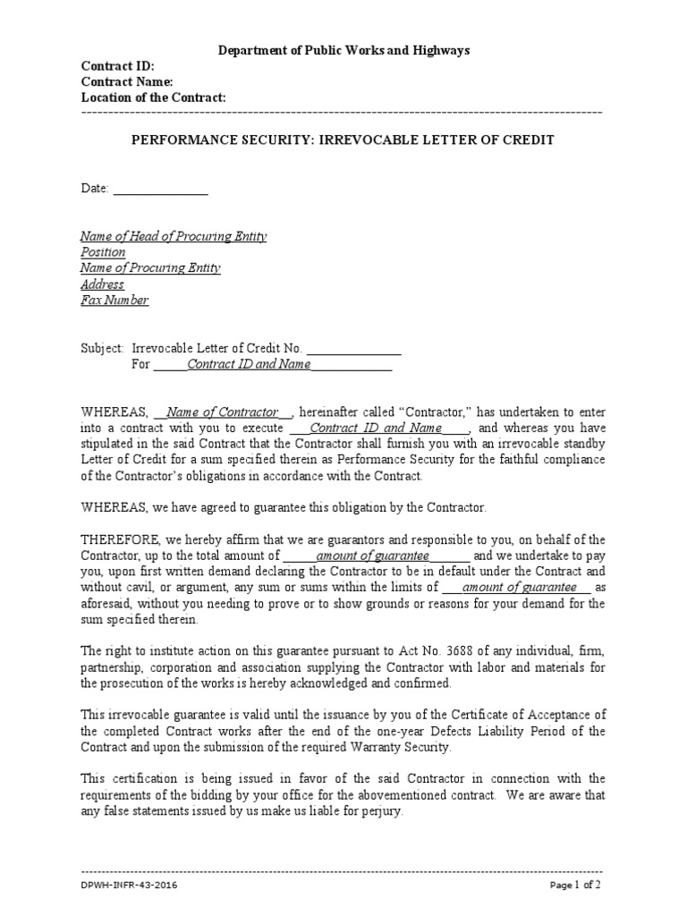 Dpwh-Infr-43 PS LC | PDF | Guarantee | Letter Of Credit
