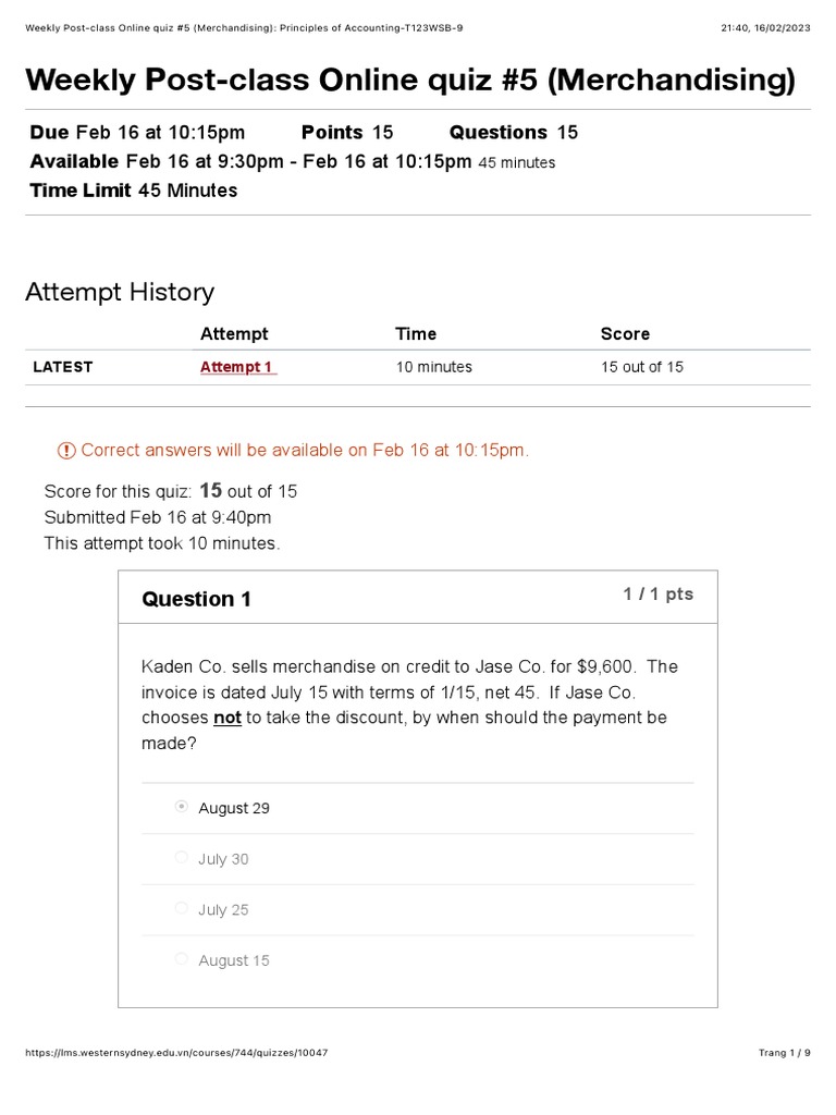 Weekly Post-Class Online Quiz #5 | PDF | Debits And Credits | Cash