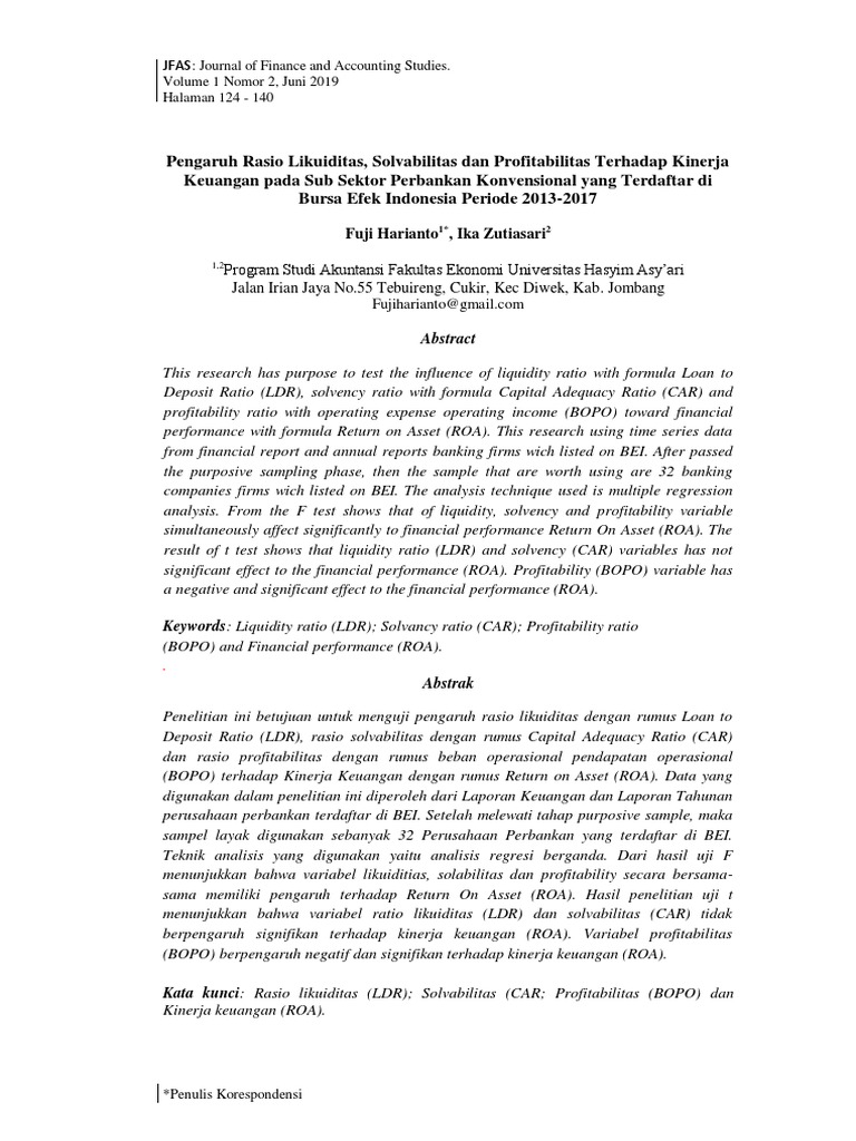 JFAS: Liquidity, Solvency and Profitability Impact on Indonesian Banking Sector Financial ...