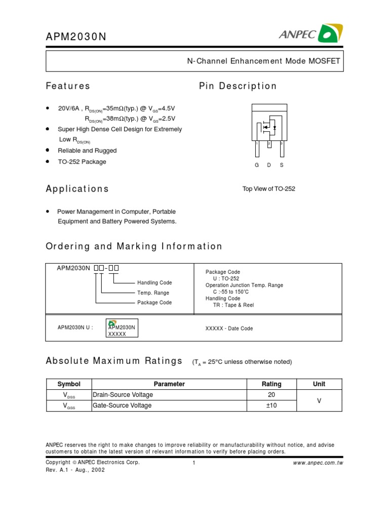 Apm 2030 | PDF | Field Effect Transistor | Electrical Engineering