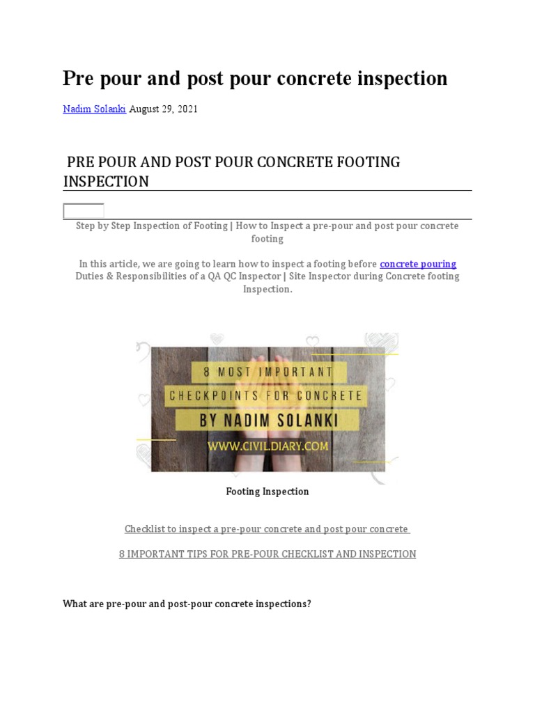 Concrete Pre & Post Pour Inspection Guide | PDF | Concrete | Materials