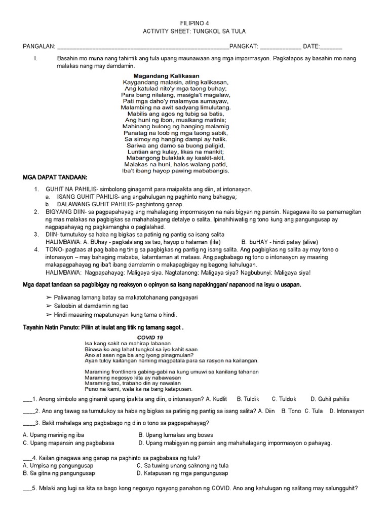 Q1-Activity Sheet-Filipino 4-Tungkol Sa Tula | PDF