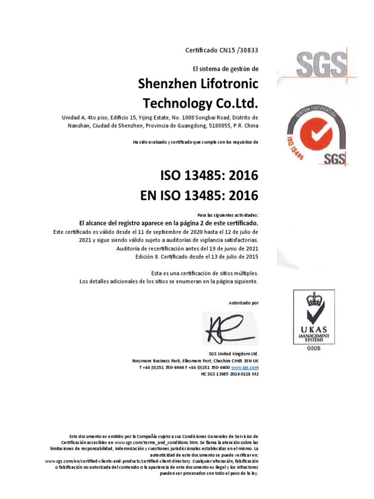 ESP 05-ISO 13485（2020） Certificate SGS issue 8（中英文）- 正版（没有INFECTIOUS DIEASES) | PDF | Medicina ...