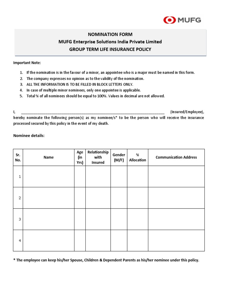 Term Life Nomination Form | PDF | Insurance | Private Law