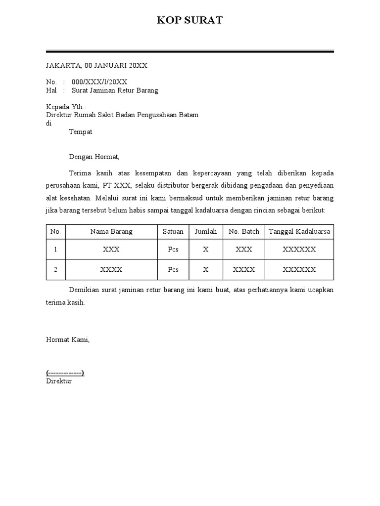 Surat Jaminan Retur Barang KE RUMAH SAKIT | PDF