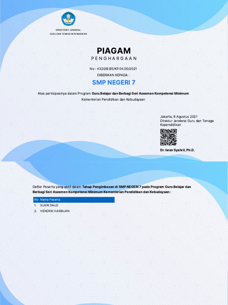 Piagam Penghargaan SMP Negeri 7 2021 | PDF