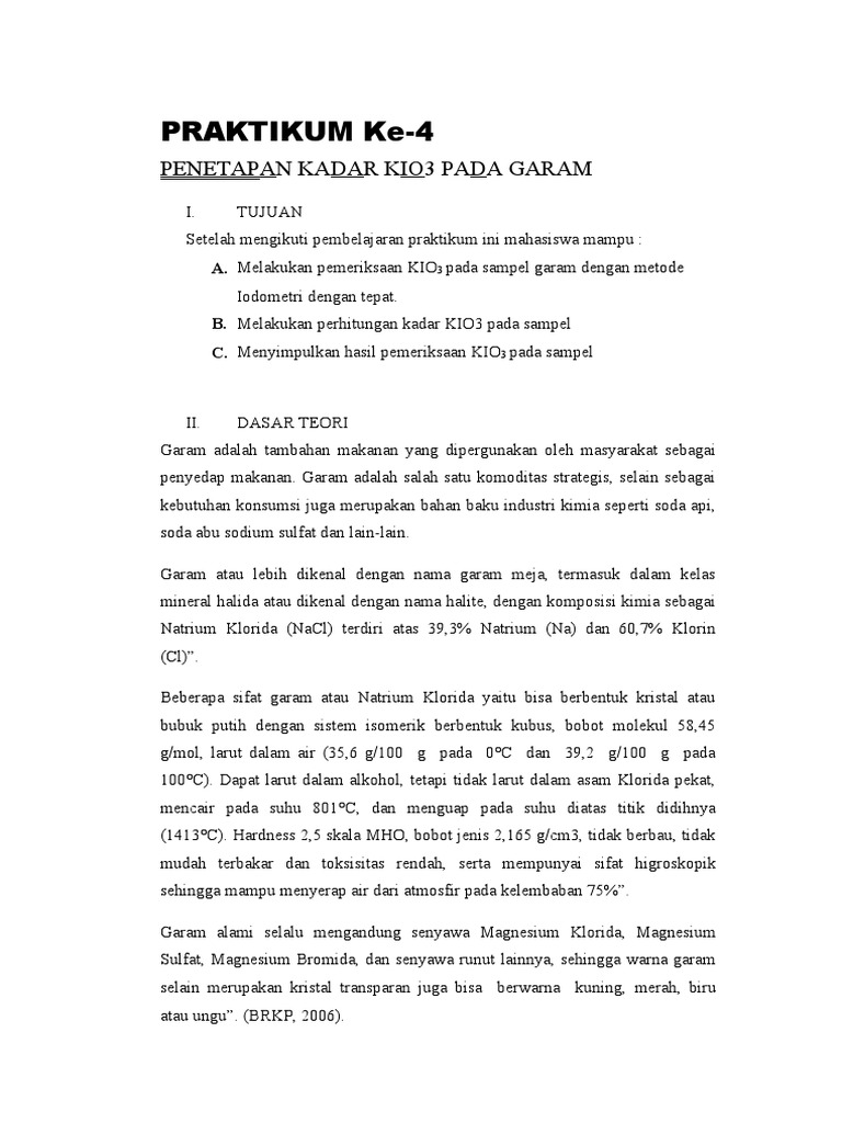 Amami Penetapan Kadar Kio3 Pada Garam | PDF