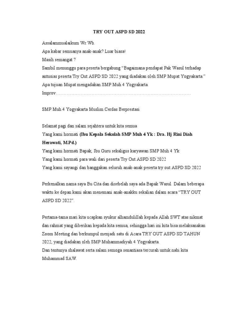 Try Out ASPD SD 2022 SMP Muh 4 Yk | PDF