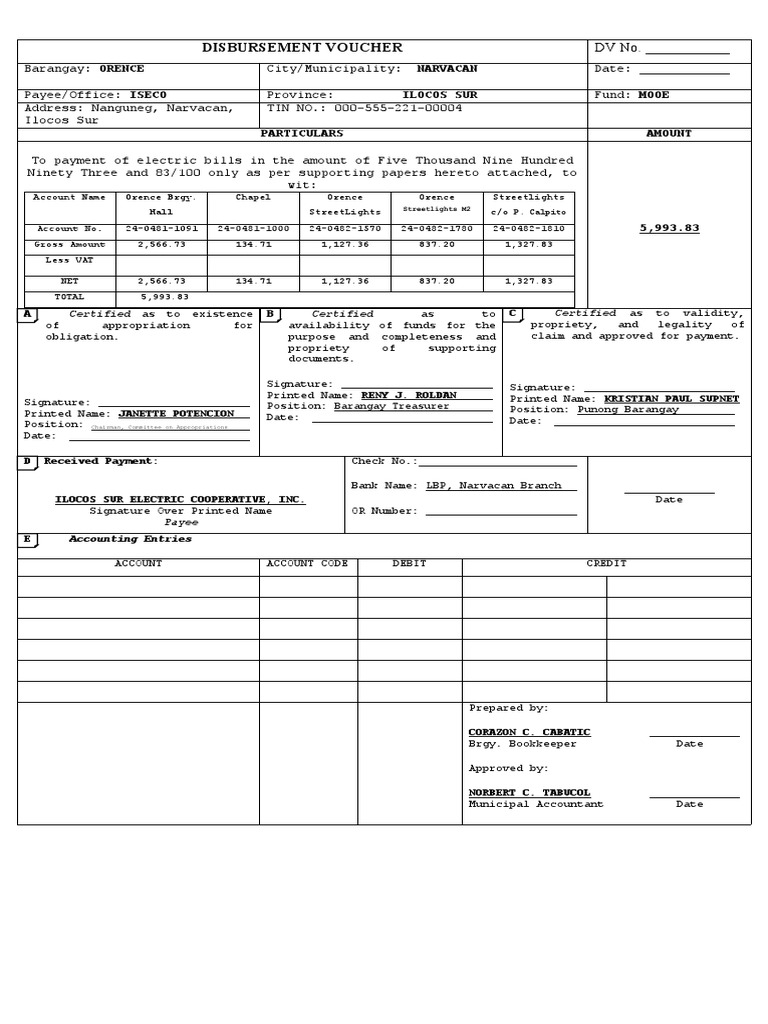 Disbursement Voucher (New Orence) | PDF | Payments | Bookkeeping